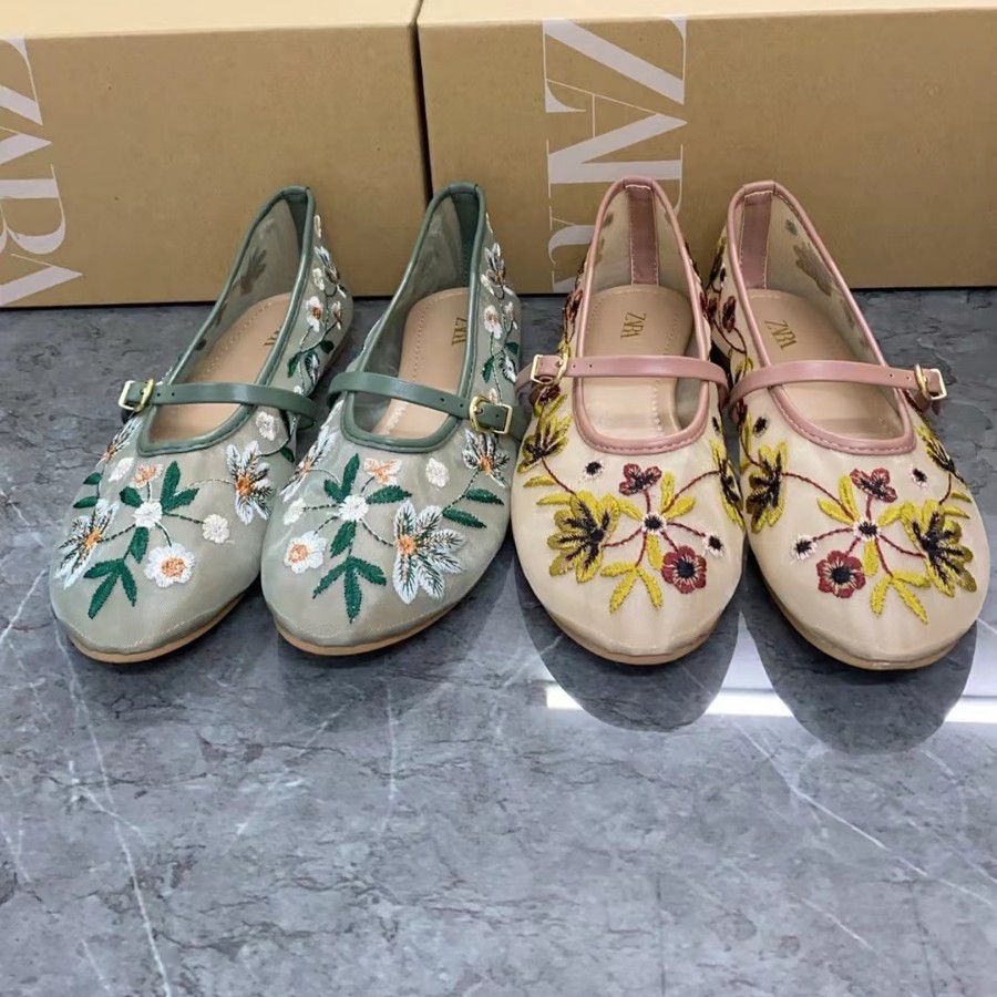 ZARA Women's Floral Embroidered Mesh Flat Ballet Shoes | Shopee Philippines