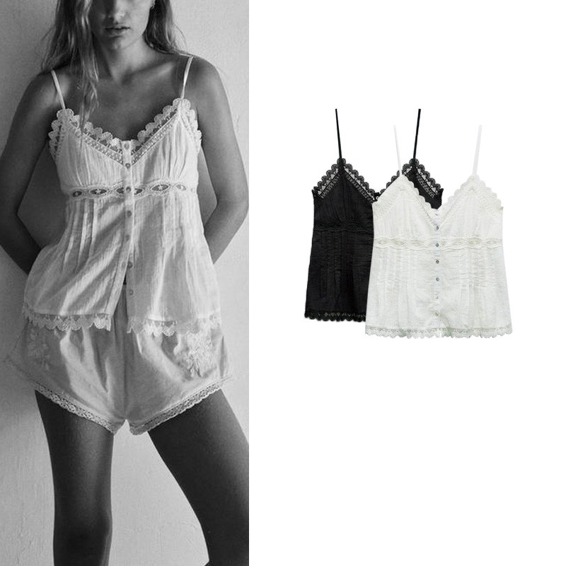 Zara New Product Sweet Lace Vacation Style V-Neck Thin Sling Top ...