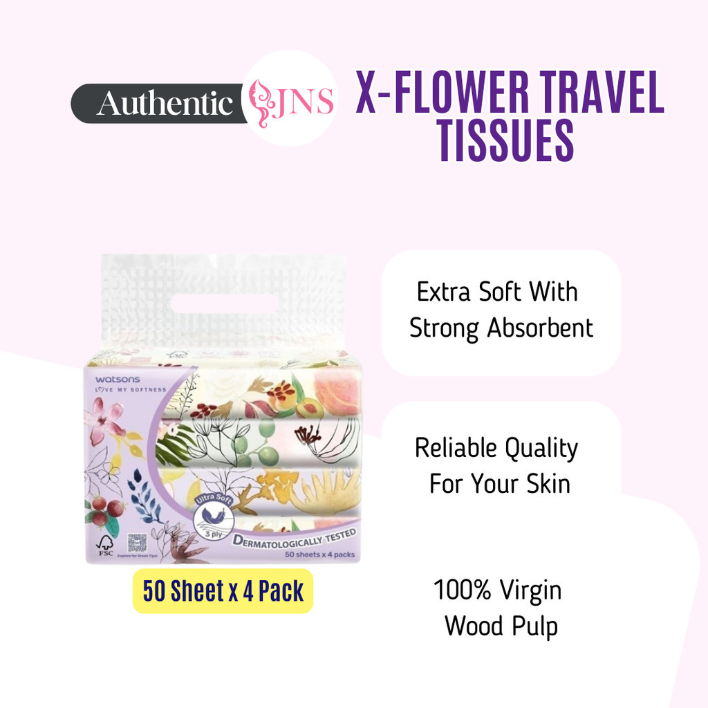 Watsons X-flower Travel Tissues /Extra Soft & Strong Absorb 3 Ply (50 ...