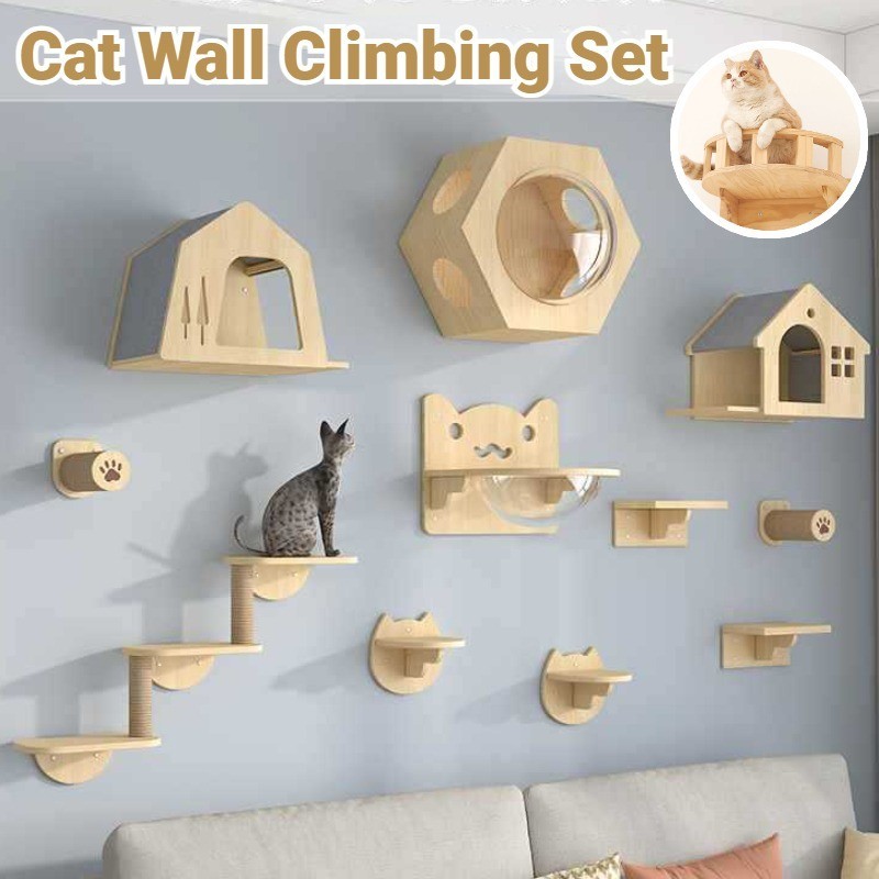 Cat Wall Climbing Set Solid Wood Wall Mounted Cat Climbing Frame ...