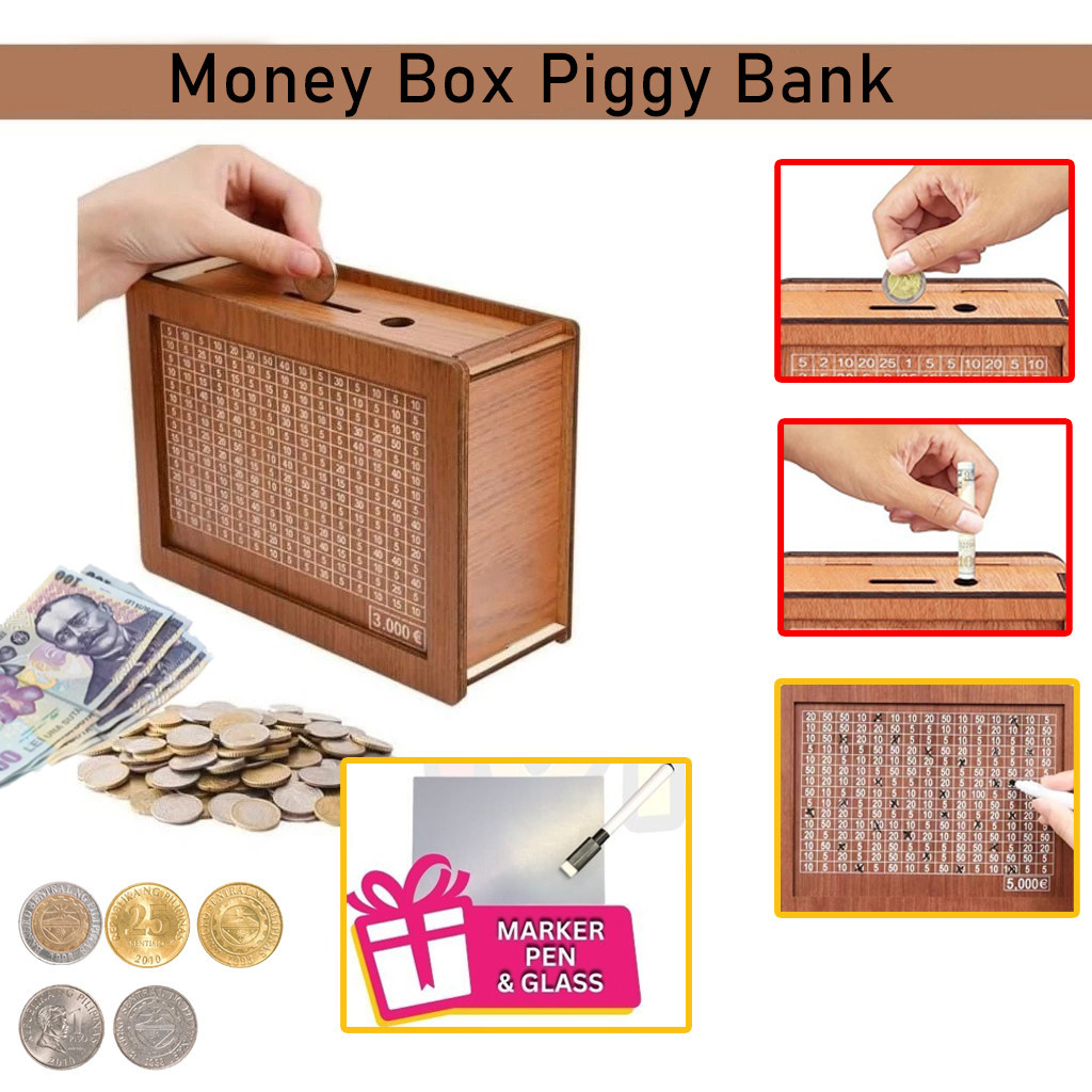 Kids Educational Money Box Wooden Coin Bank with Savings Goal Counter ...