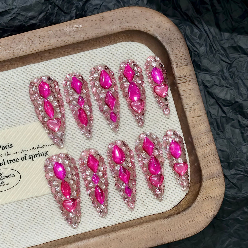 Pink Long Fake Nails with Full Rhinestone Durable & Never Splitting ...