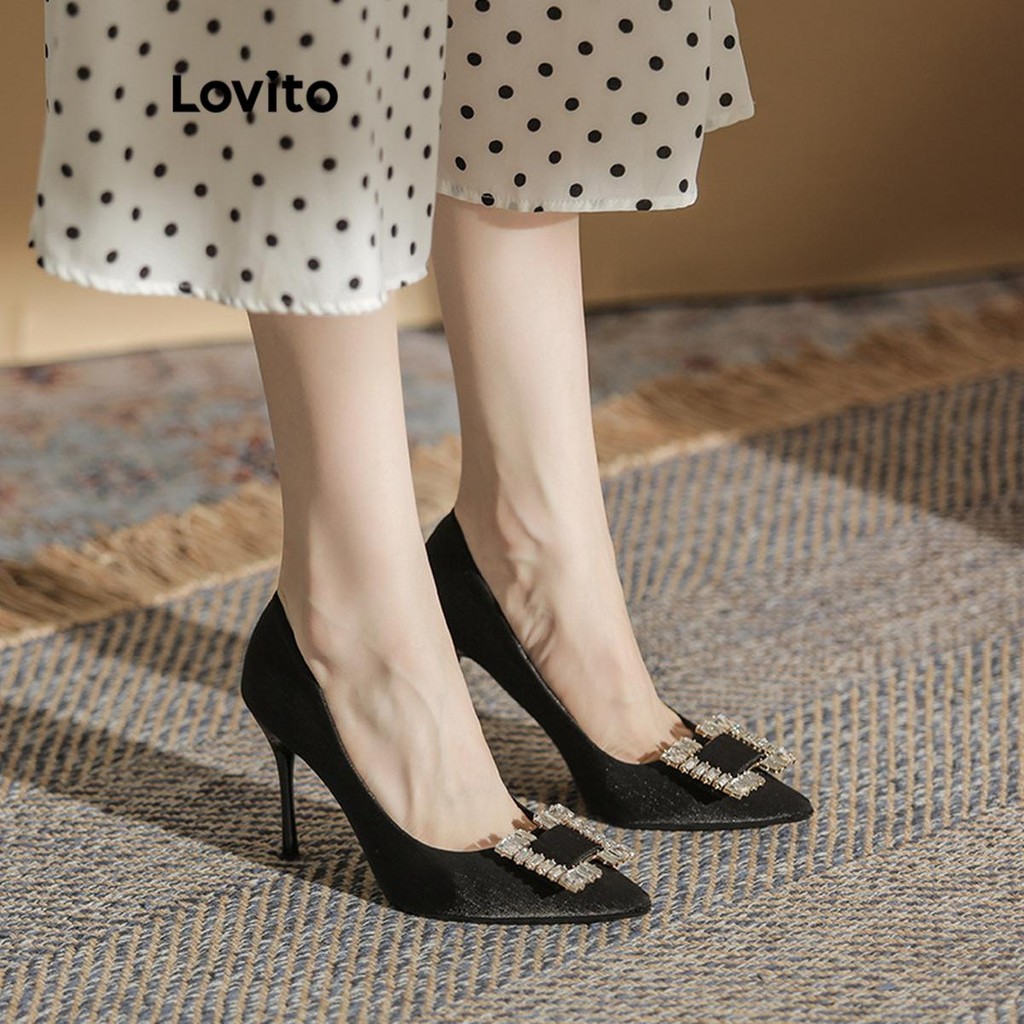 Lovito Women Elegant Plain Rhinestone Advanced Pointed Stiletto Heels ...