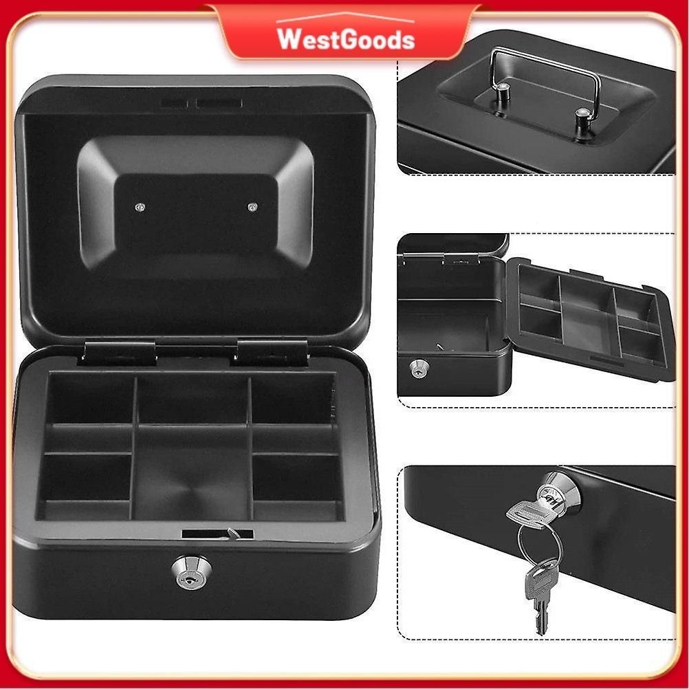 15CM SMALL BLACK PORTABLE METAL CASH BOX WITH LOCK MONEY ORGANIZER ...