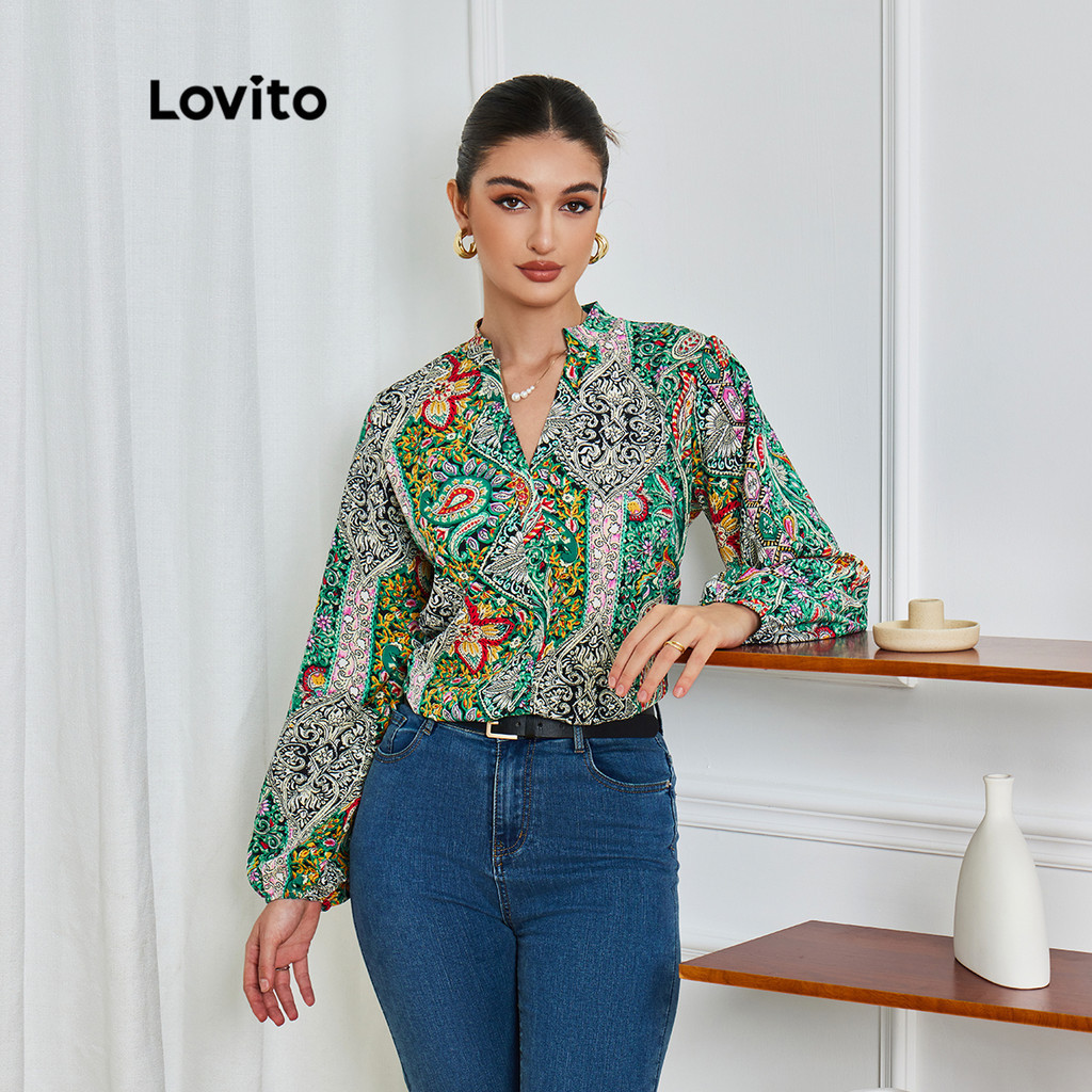 Lovito Women Plus Size Curve Vintage Tribal Print Frill Puff Sleeve Blouse LBL20180 | Shopee ...