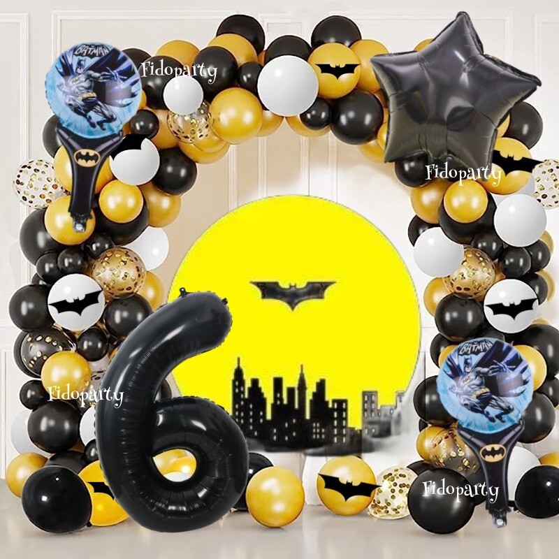 Superhero Batman Theme Balloons Arch Garland Kit Black Yellow Gold Bat ...
