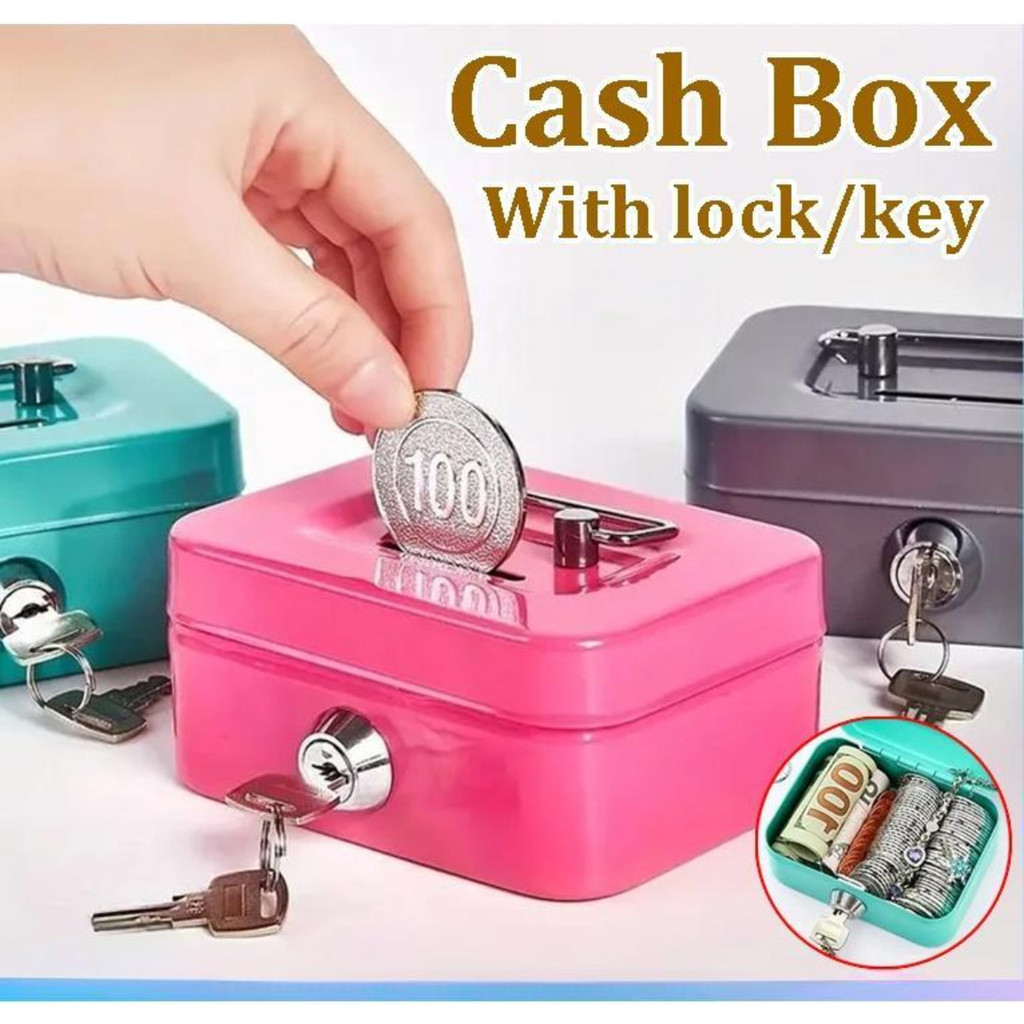 Metal Cash box with lock Money Lock Box Security Box Safe Lock Box ...
