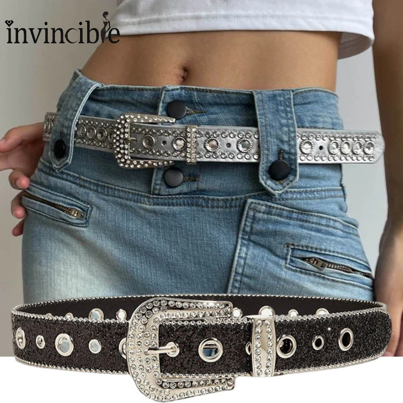 Personality Full Rhinestone Belts - Y2K Punk Diamond PU Metal Buckle ...