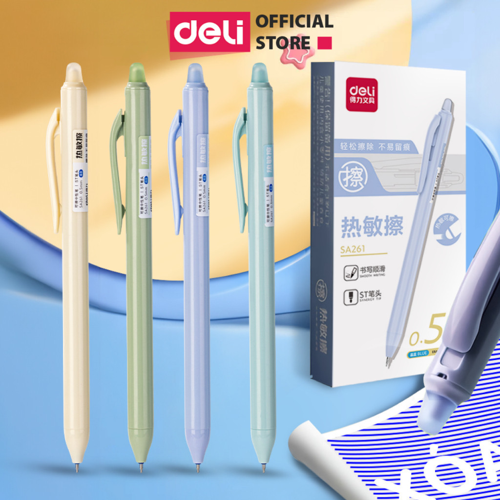 Box Of 12 DELI Blue Ink Erase Gel Pens - Water-Based Gel Pen Press Gel ...