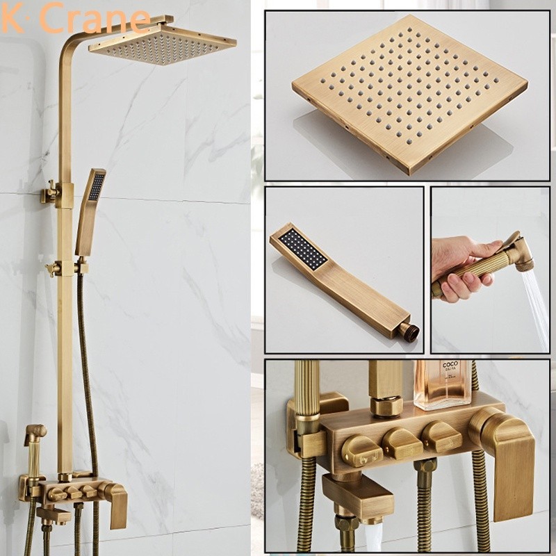 RR+~Antique Gold Shower Faucet System Bathroom Hot Cold Mixer Retro ...