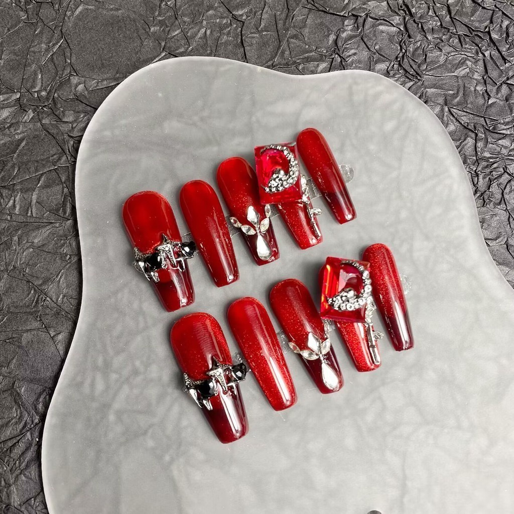 100% HANDMADE Long Coffin Shape Fake Nail set with glue Long Red Cat's ...