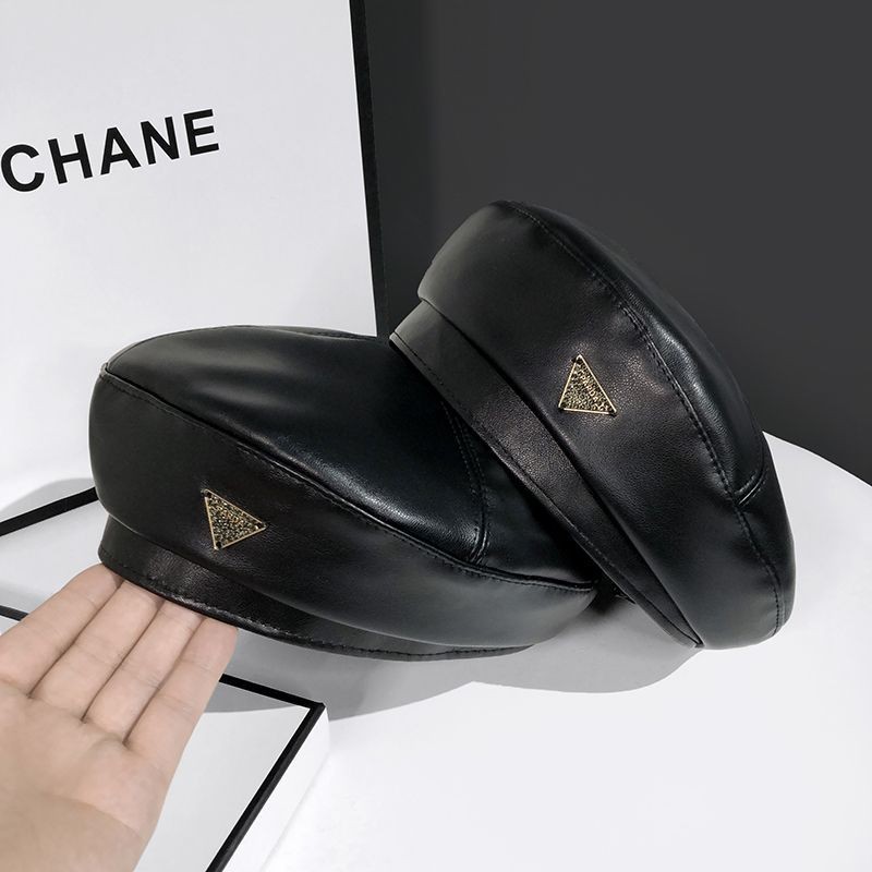 Inverted Triangle Label Leather Beret Female Spring Autumn British ...