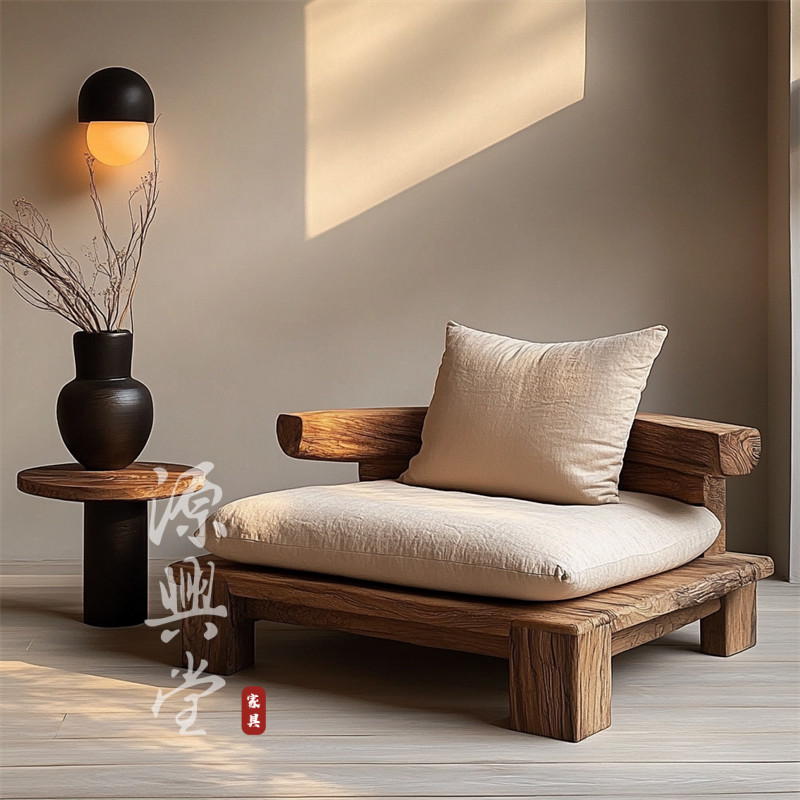 Wabi-sabi Style Solid Wood Single Sofa Study Small Sofa Wabi-sabi ...