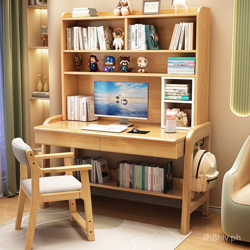 Solid Wood Home Desk with Integrated Bookshelf, Bedroom Computer Desk ...