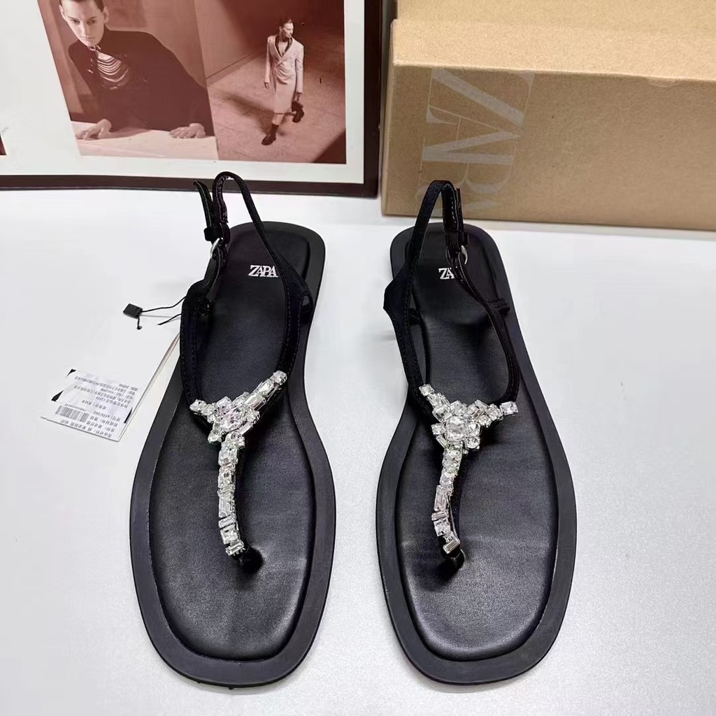 Zara New Product Black Flip-Flops Rhinestone Flip-Flops Casual Flat ...