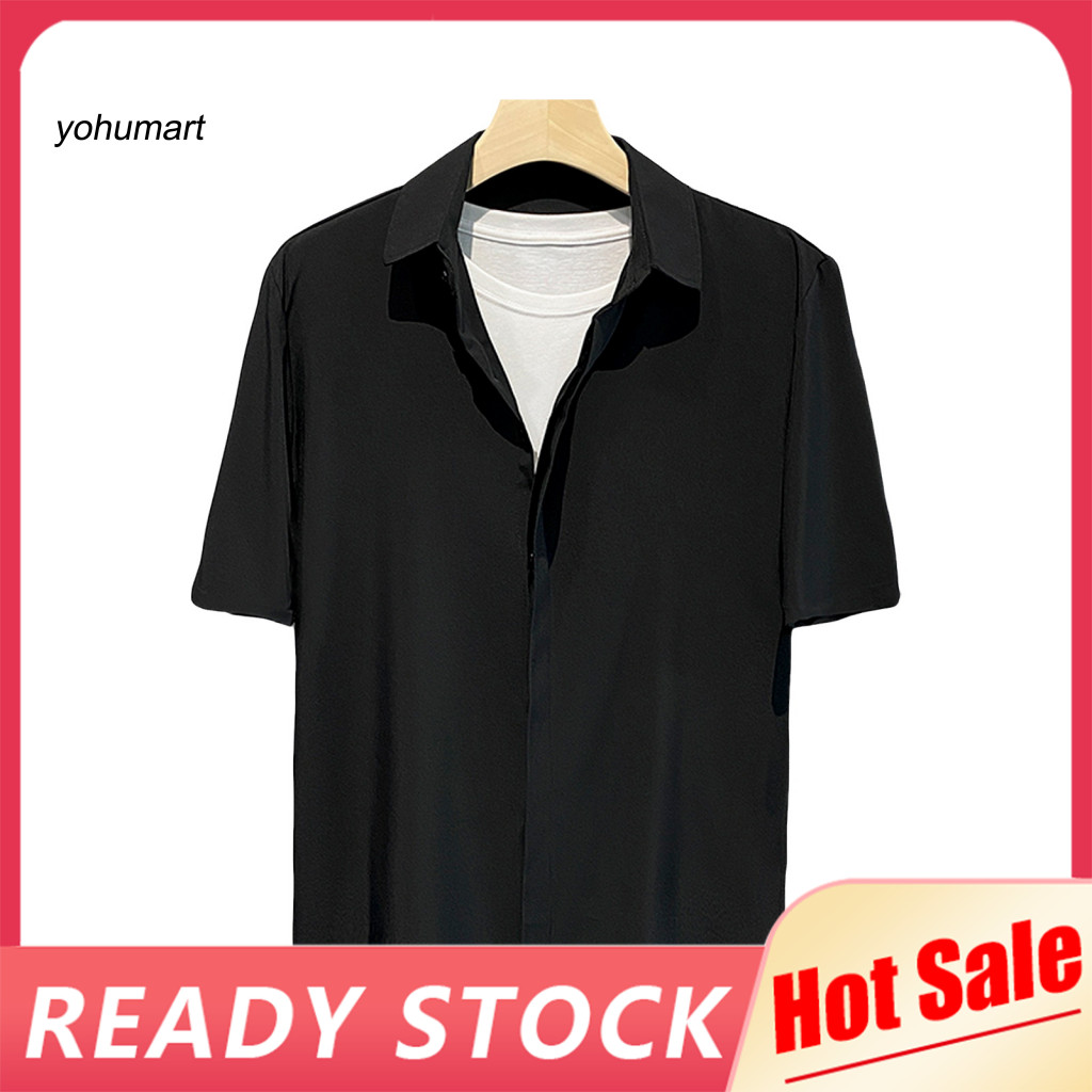 Hidden Button Shirt Men Lapel Shirt Men's Summer Shirt Ice Silk ...