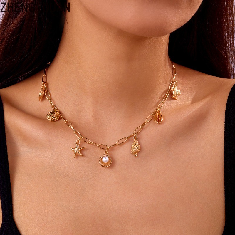 Fashion Retro Pearl Starfish Conch Shell Necklace 18K Gold Plated ...