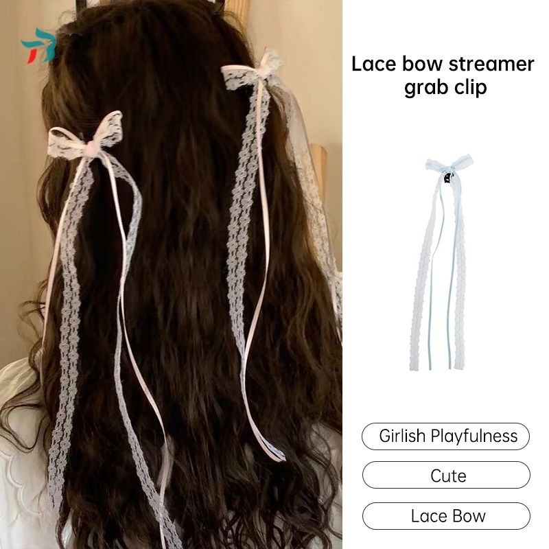 【B.two.】Lace Bow Hair Claw Clip Small Fresh Ribbon Bangs Clip Sweet ...