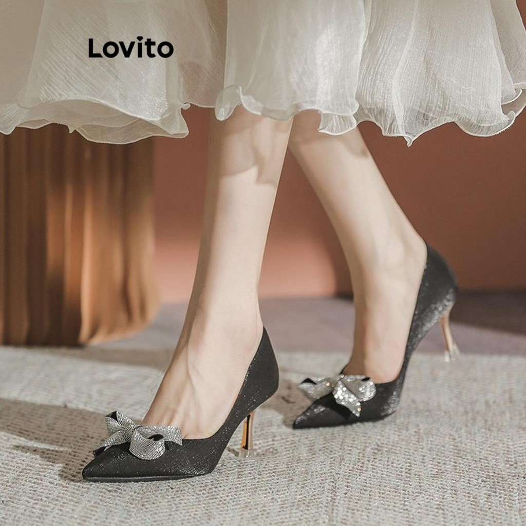 Lovito Women Elegant Heels Plain Rhinestone Bow Temperament Satin ...