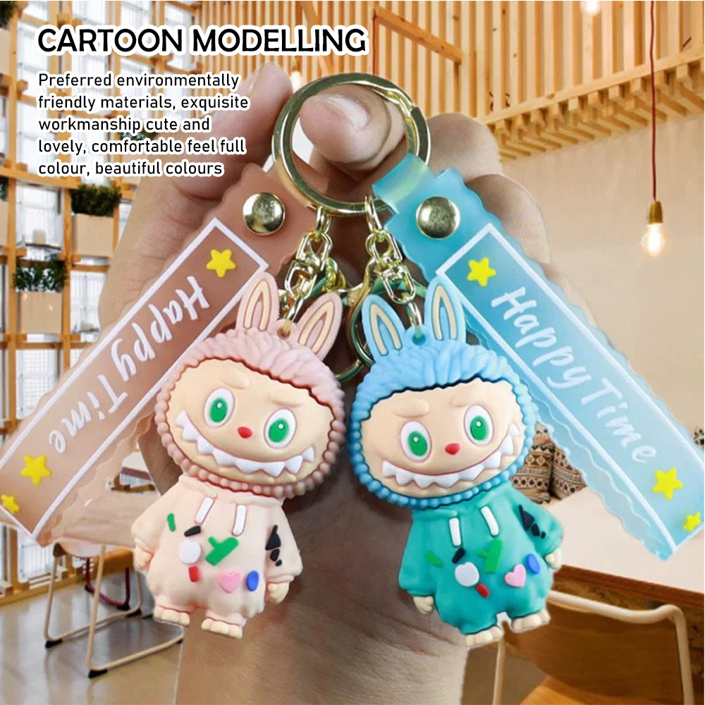 Labubu Cute Keychain with Pom-Pom Students Backpack Charms Pendant ...