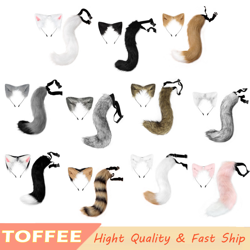 11Colors Cute Cats Ear Tail Cosplay Props Sexy Furry Cat Black White ...