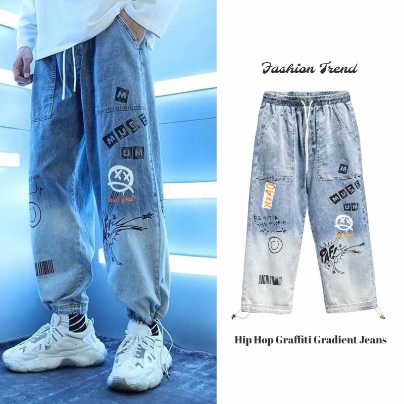 New Summer Graffiti Printed Gradient Jeans for Men's Cartoon Casual ...
