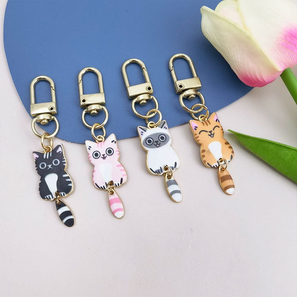 Lovely Cartoon Kitten Key Chain Cute Metal Tail Cat Key Ring For Women ...