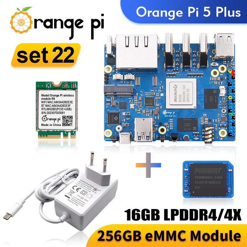 Orange Pi 5 Plus 16GB + 256GB Emmc + WIFI-BT Module +Power supply ...