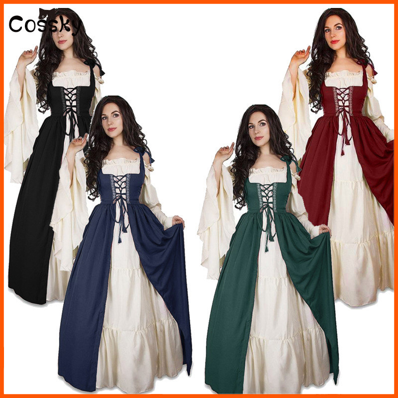Renaissance Robe Retro Dress Belted Waist Palace Long Dress European ...