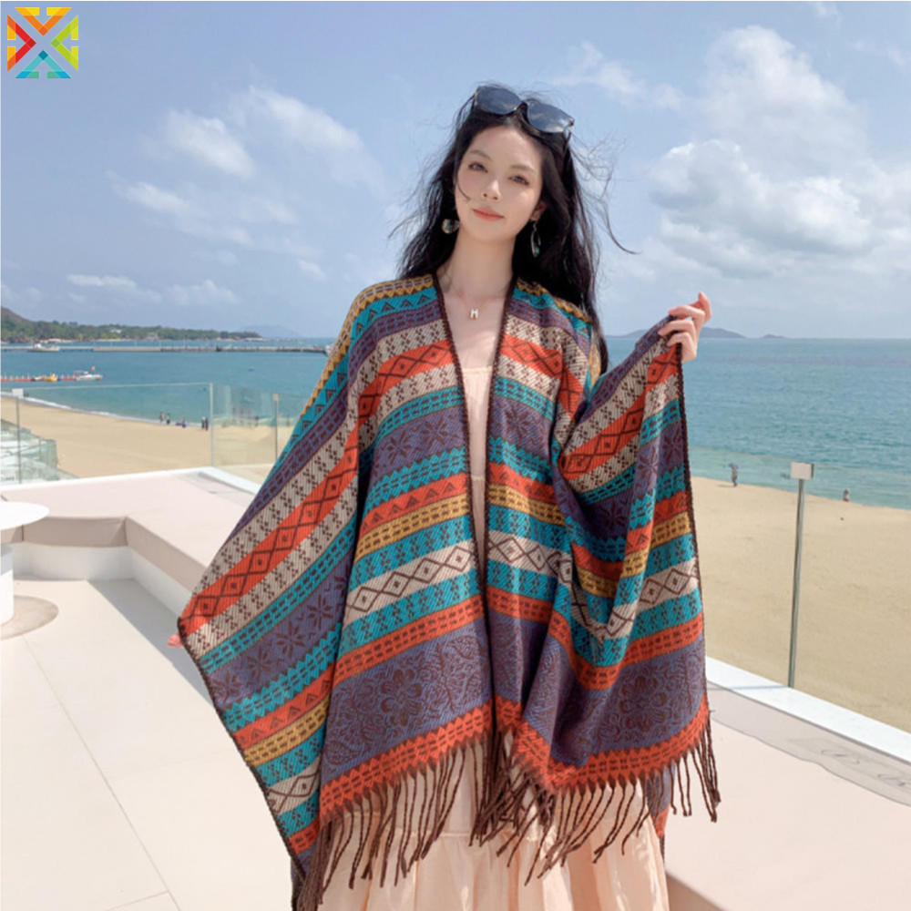 Women Shawl Scarf Bohemian Vintage Ethnic Stripes Beach Vacation ...