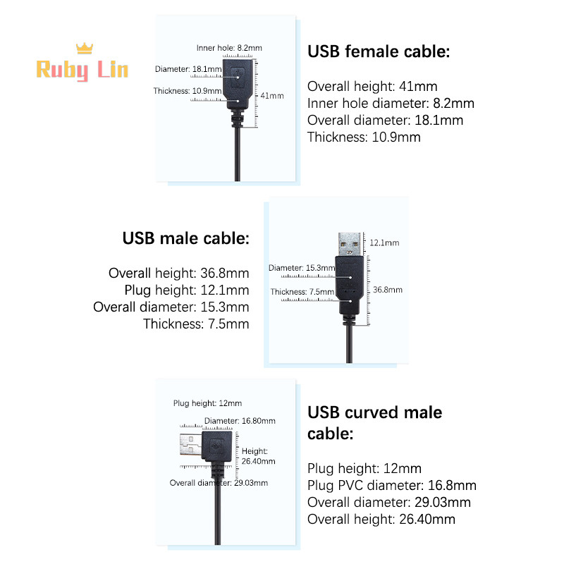 Ruby Lin 0.3m/1m/2m Power Supply Cable 2 Pin USB 2.0 A Female Male 4 ...