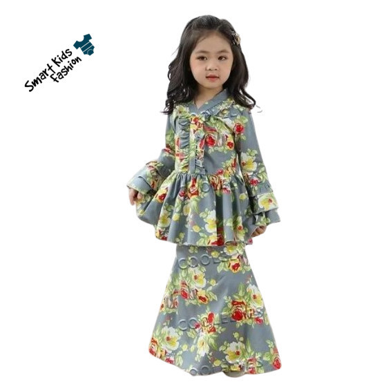 Raya Kelabu Grey Flower Kids Girl Baju Raya Baju Floral Pattern Baju ...