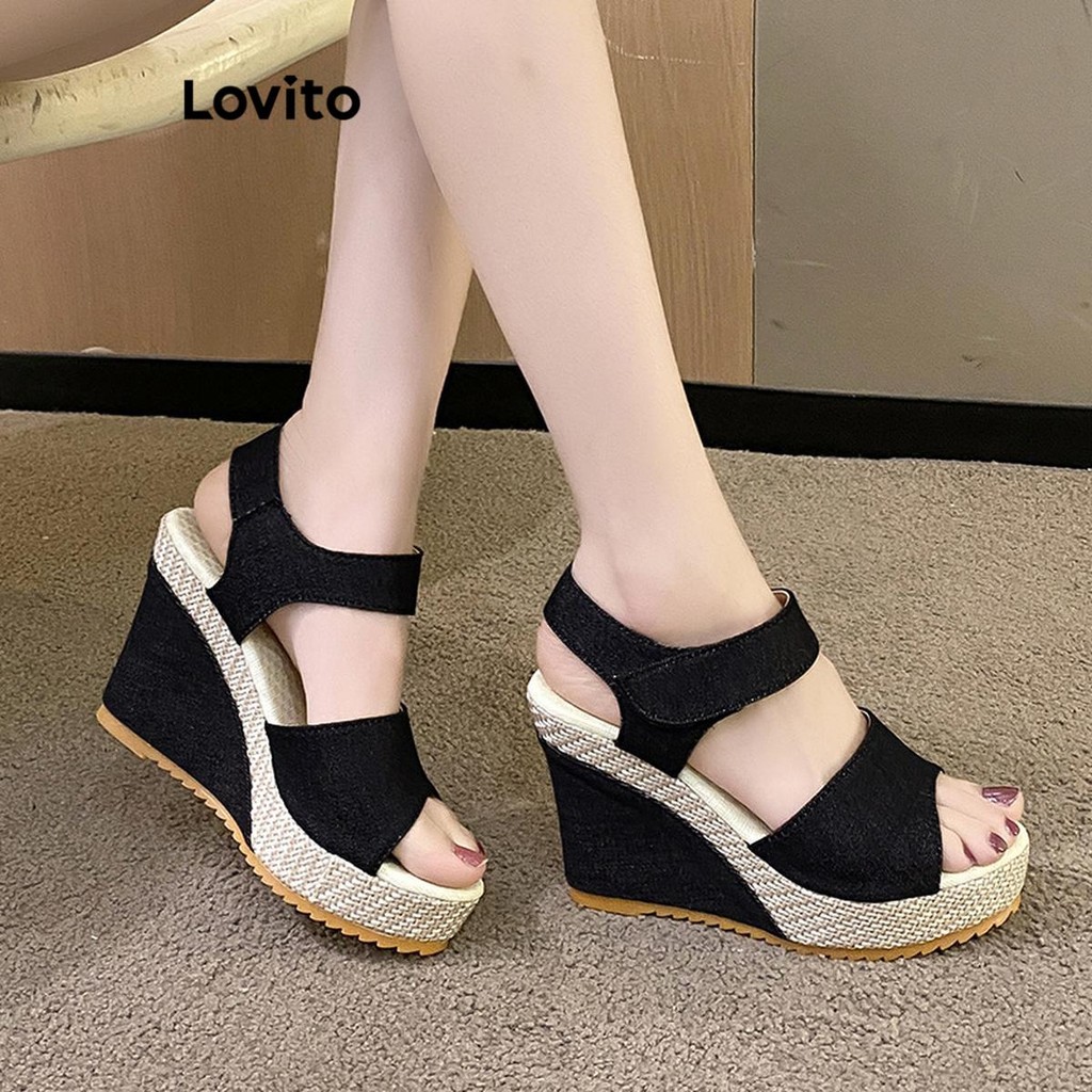 Lovito Women Boho Plain Cloth Cover Peep Toe One Word Belt Wedge Shoes ...
