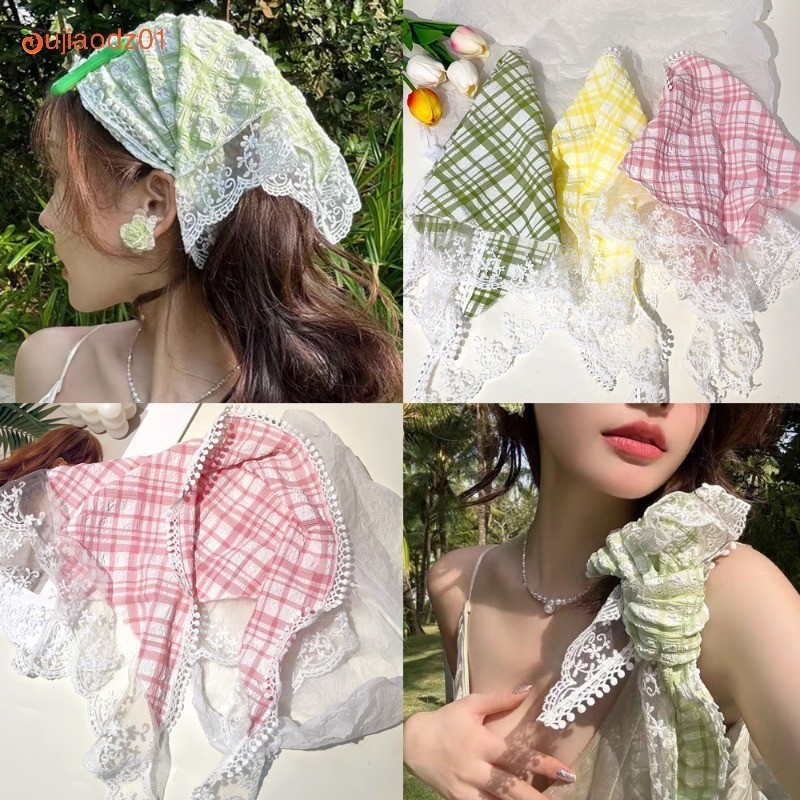 Korean Women Girls Sweet Lattice Triangular Hair Scarf Beach Summer ...