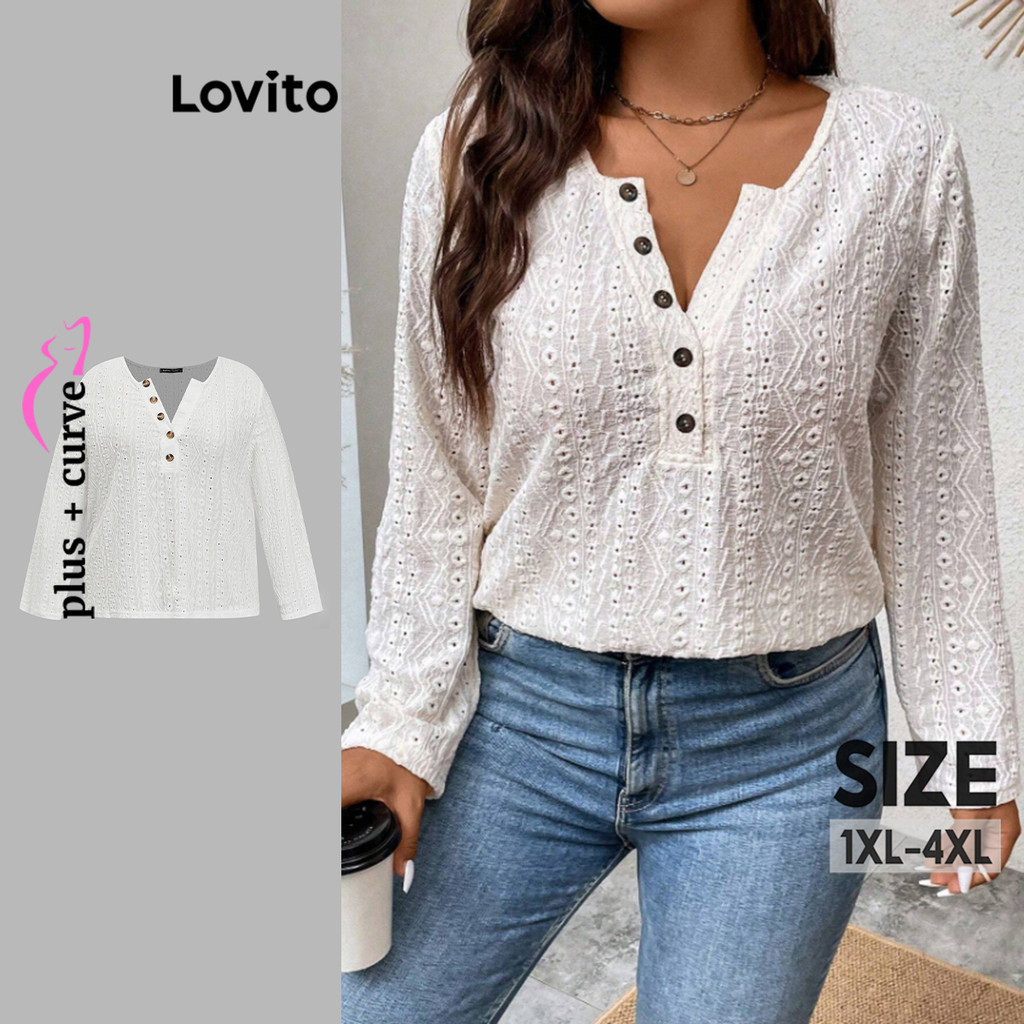 Lovito Women Plus Size Curve Casual Plain Embroidery Eyelet Button ...