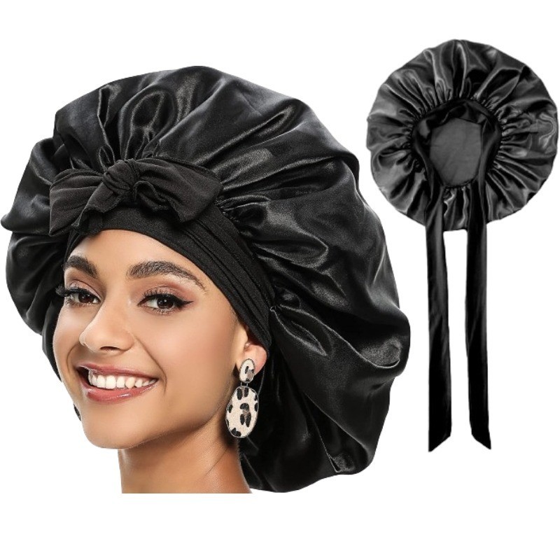 Large Satin Bonnet Silk Night Sleeping Cap Head Tie Band Bonnet Edge ...
