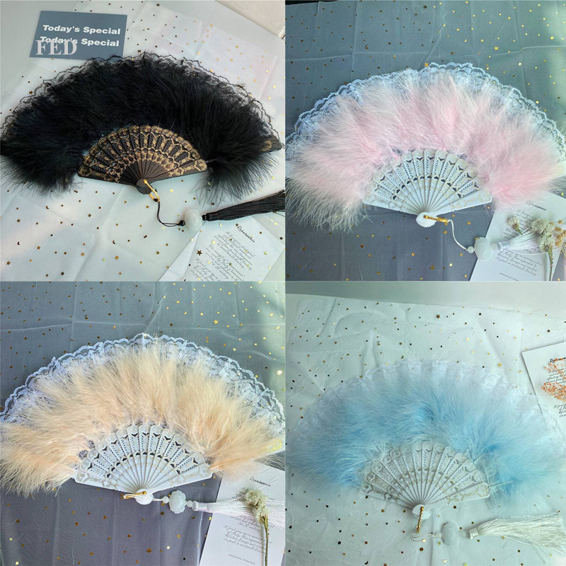 Lolita Girls Folding Hand Fan Chinese Style Feather Folding Fan Soft ...