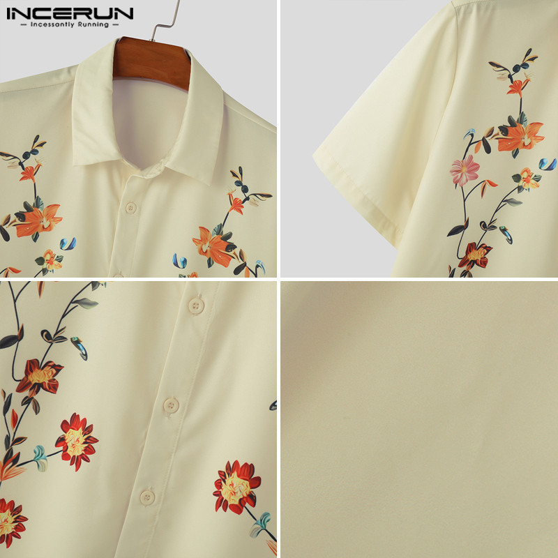 INCERUN Men Korean Fashion Printed Floral Short Sleeve Loose Shirts ...