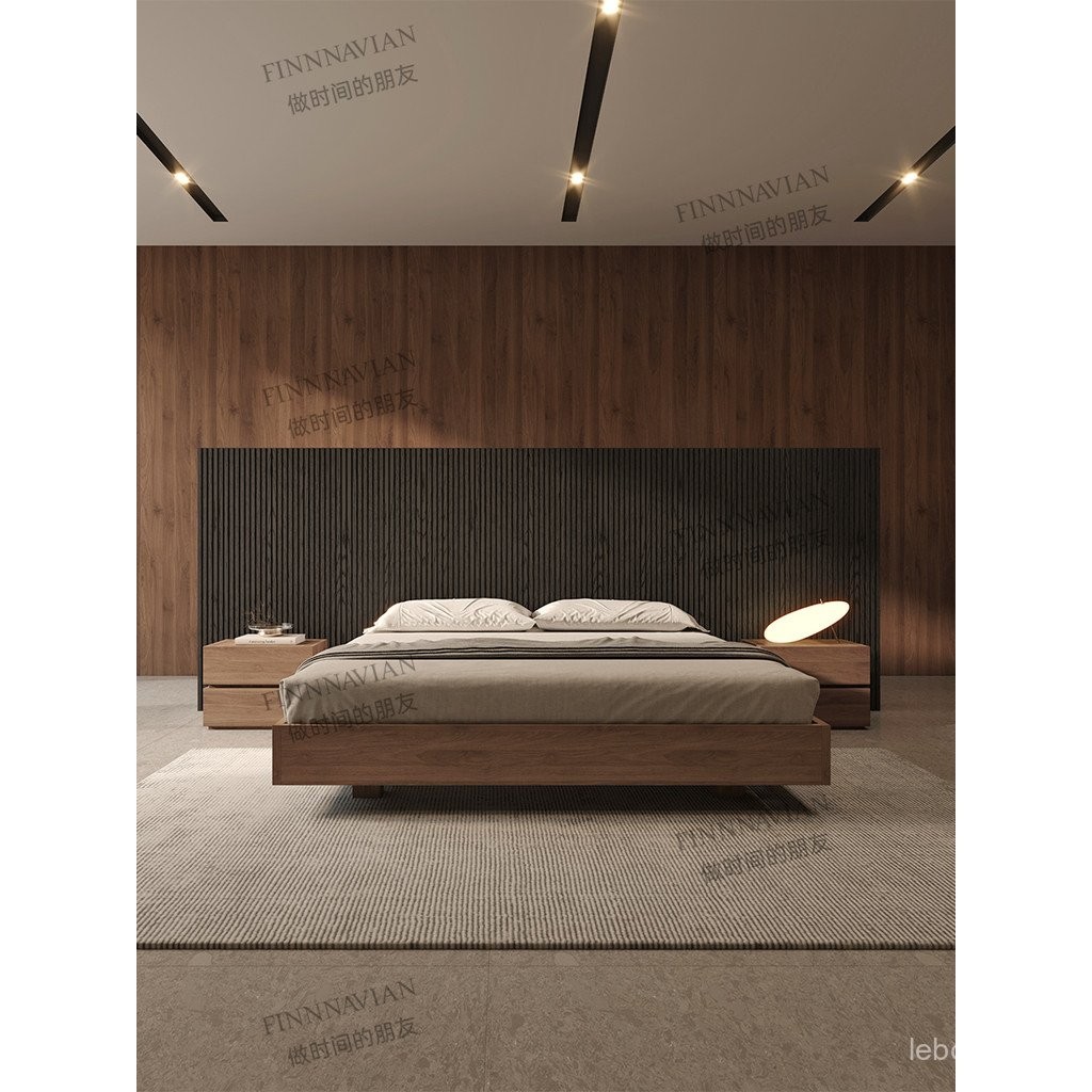 Fennavia Headless Full Oak Double Bed Walnut Solid Wood Bed Frame for ...