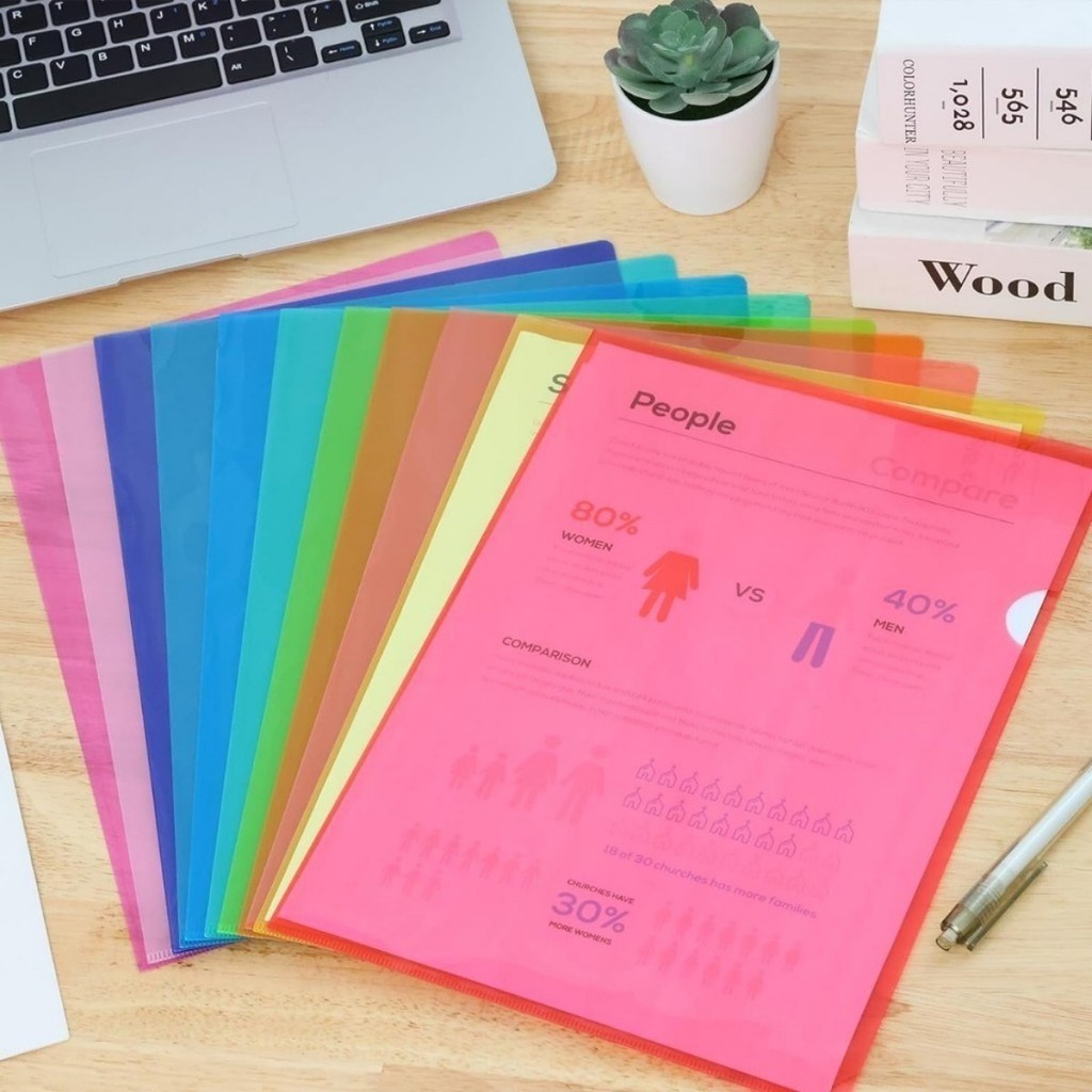 Long L-Type File Folders 12Pcs Clear Colored Pocket Plastic Documents ...