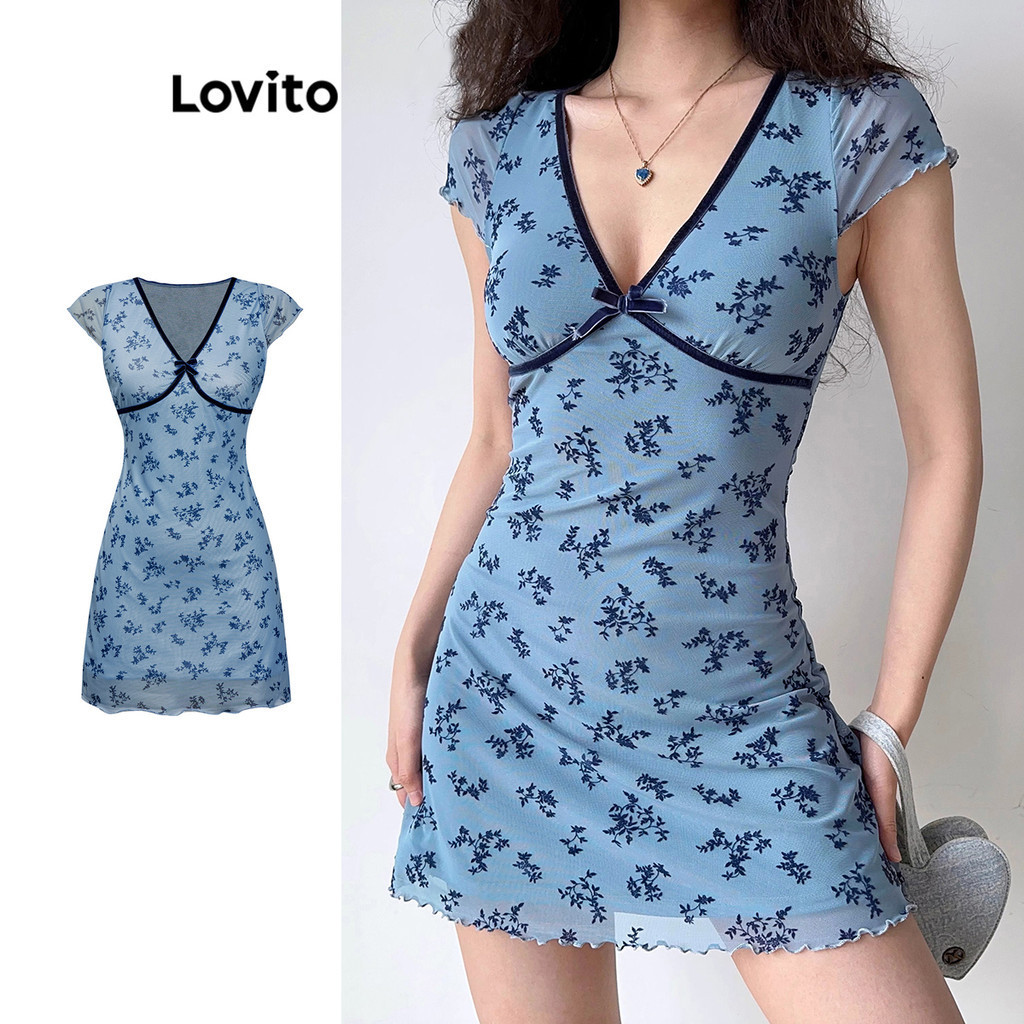 Lovito Women Casual Geometric Contrast Binding Bow Lettuce Trim Dress ...