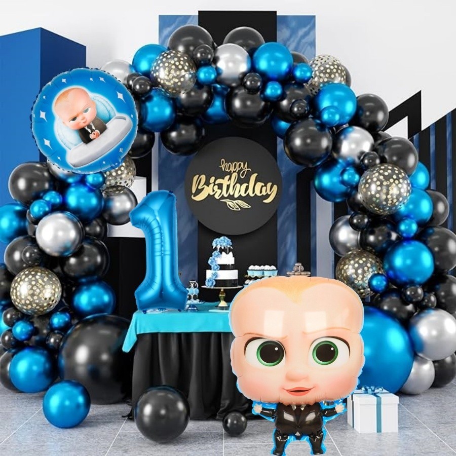 84pcs Baby Boss Metallic Blue Metallic Silver Black Balloon & Gold ...