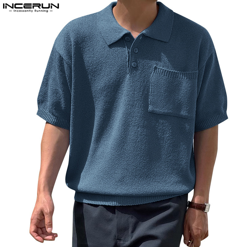 INCERUN Men Korean Casual Single Patch Pocket Lapel Half Button POLO ...