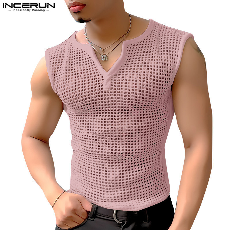 INCERUN Men Korean Fashion V Neck Mesh Hollow Sleeveless Loose Tanks ...