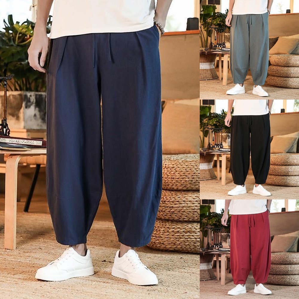 【m Cl】mens Linen Cotton Pants Harem Loose Baggy Casual Breathable Soft