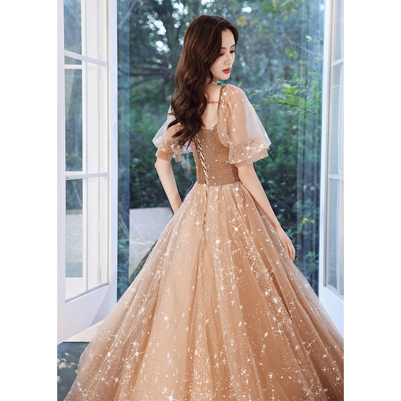 Hawlife Korean Chamapange Elegant Puff Sleeve Evening Prom Ball JS ...