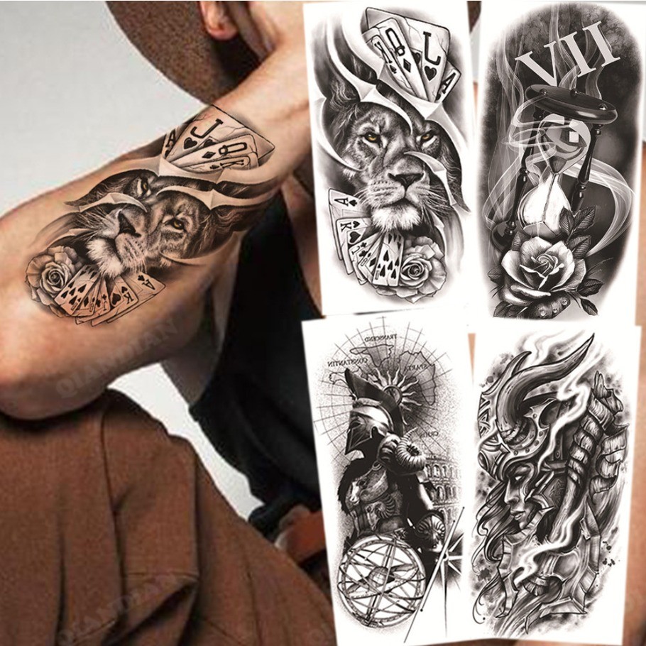 Waterproof Temporary Tattoo Sticker Lion Warrior Funnel Man Half Arm ...