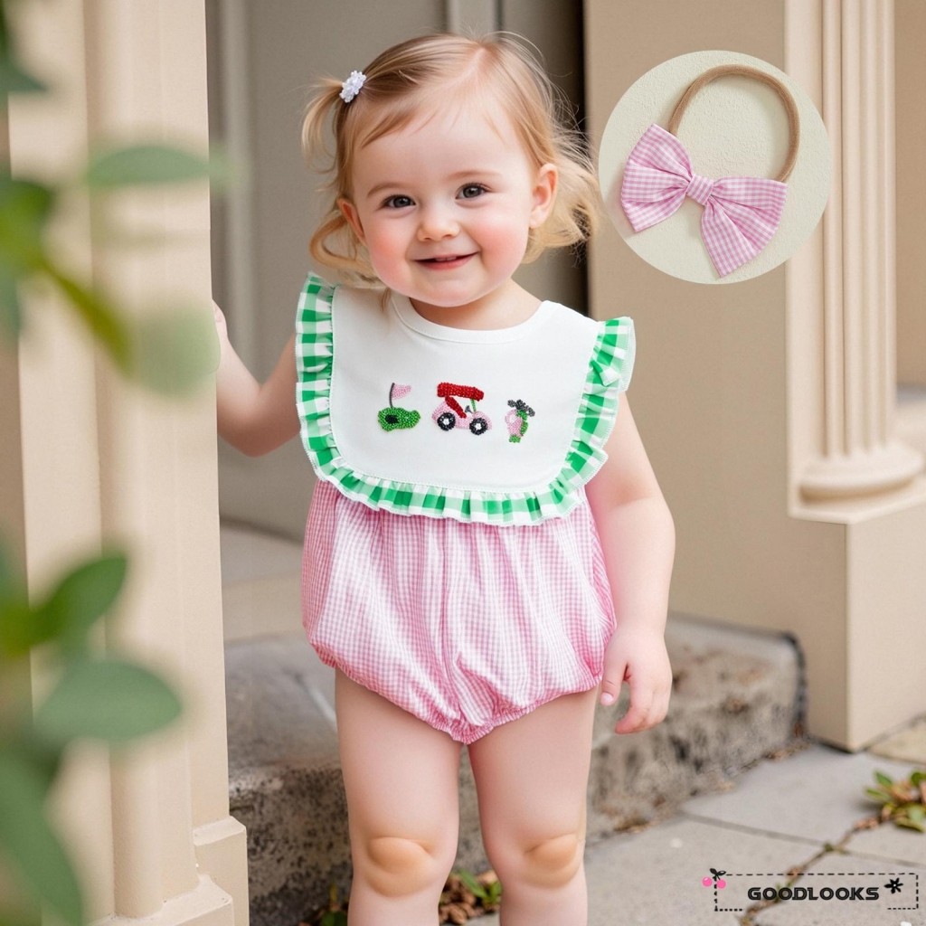 GD-Baby Girl Golf Embroidered Romper Plaid Frill Trim Sleeveless ...