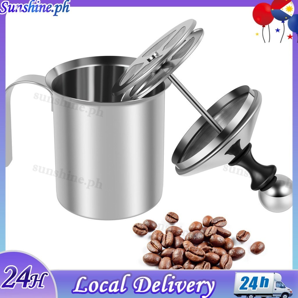 Manual Milk Frother 400ML 304 Stainless Steel Hand Pump Milk Foamer with Handle Lid Double Mesh ...