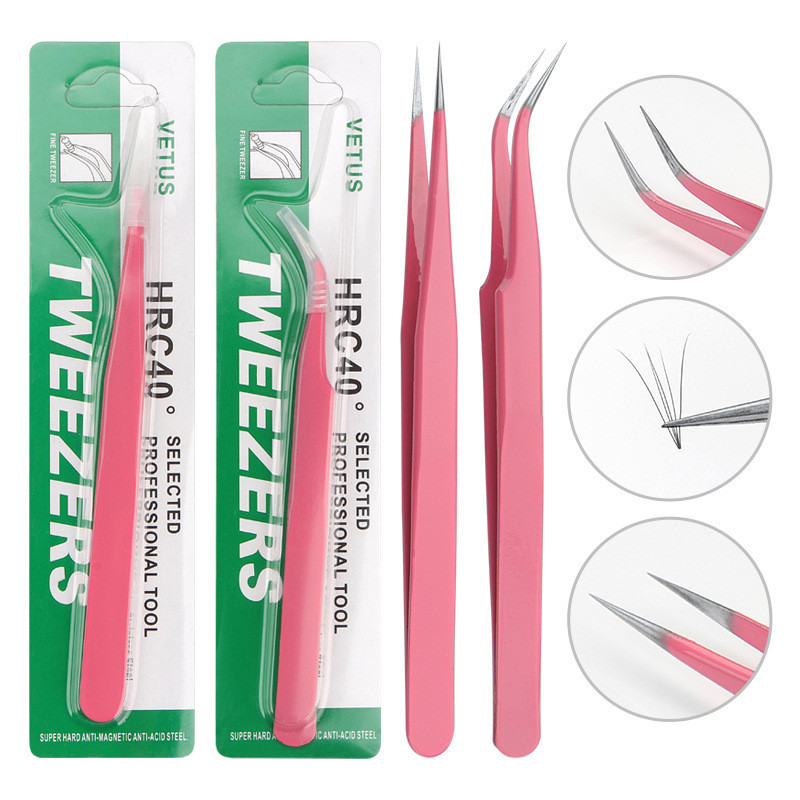 2pcs Stainless Steel Straight Curved Acid Resistant Tweezers Pink ...